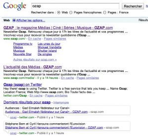 Une requête "Ozap" dans Google le 20 mars 2010. - photo - Puremedias